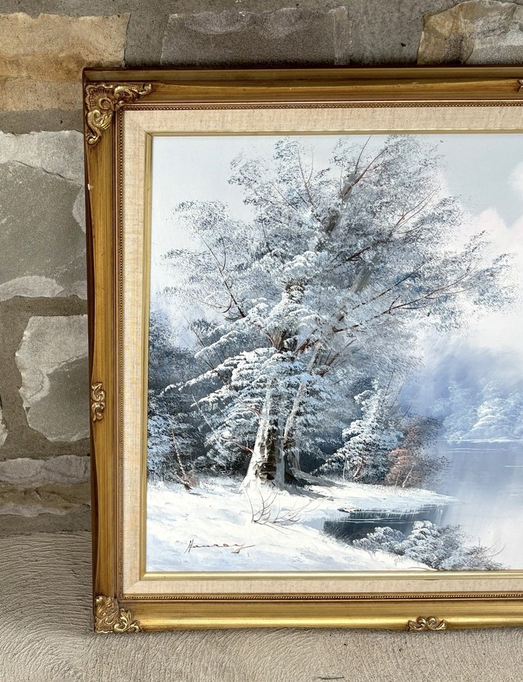 VTG Hanrey Landscape Oil Painting Snowy Stream Framed Gold Gilt Carved ...