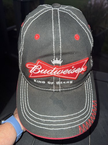 Budweiser King of Beers Black w Red Hat Cap Hook Loop Topstitched White ...