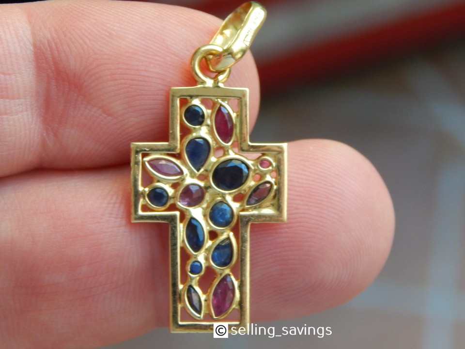 18K YELLOW GOLD RUBY & SAPPHIRE MOSAIC FILIGREE 1.5 INCH CROSS CRUCIFIX ...