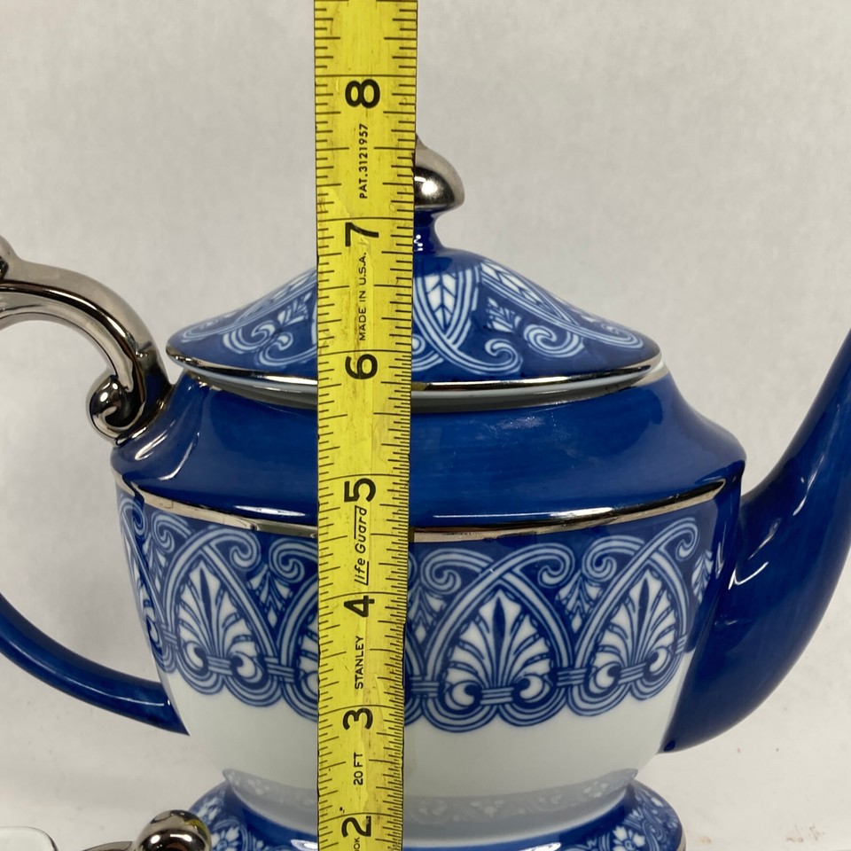 BOMBAY COMPANY Blue & White Porcelain Coffe Tea Pot Set Cream & Sugar ...