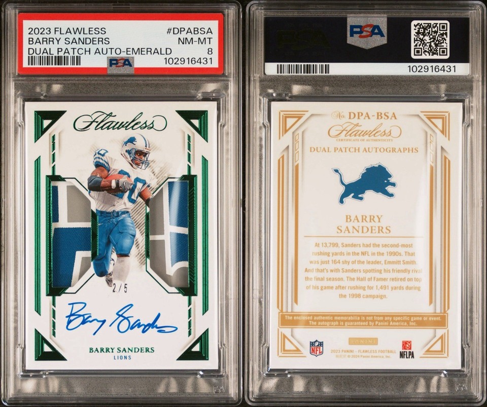 2023 Panini Flawless - Barry Sanders - Dual Patch Auto Emerald /5 - PSA ...