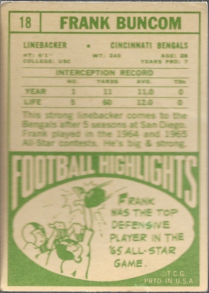 1968 Topps Frank Buncom 18 Cincinnati Bengals Football | eBay