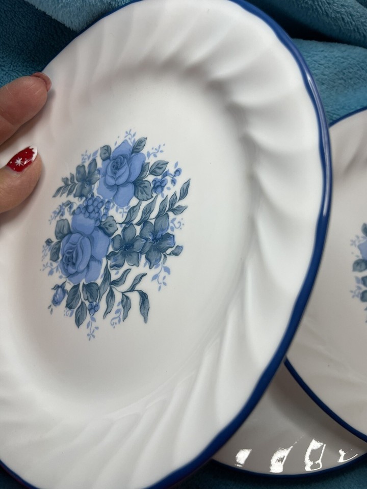 4 Corelle Corning Blue Velvet Rose Flower Swirl 7¼" Dessert Bread Plate ...