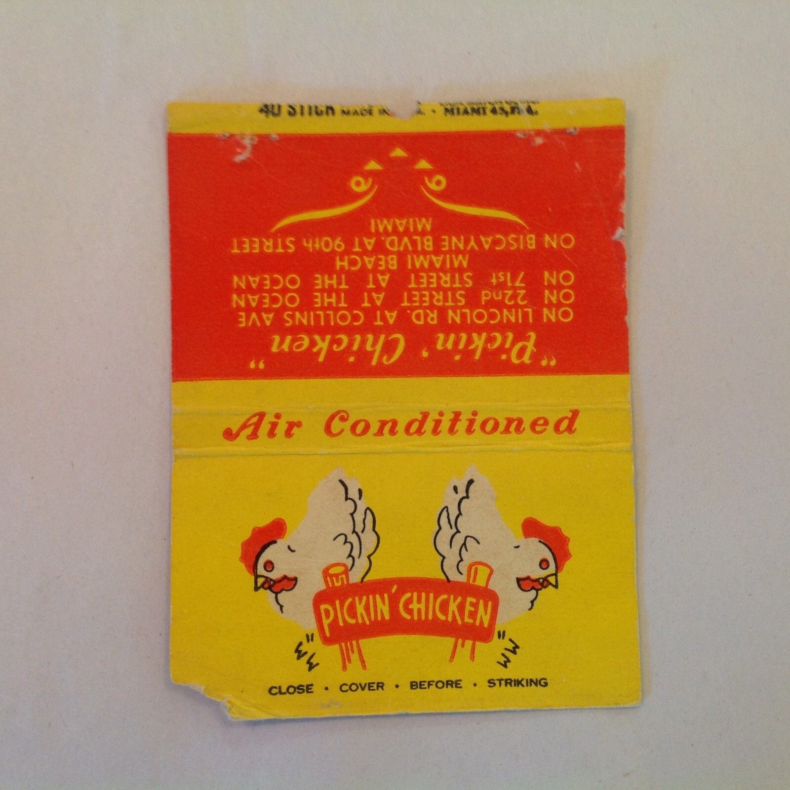 Vtg Matchbook Cover Pickin' Chicken Miami Beach Southern Fried At Its ...