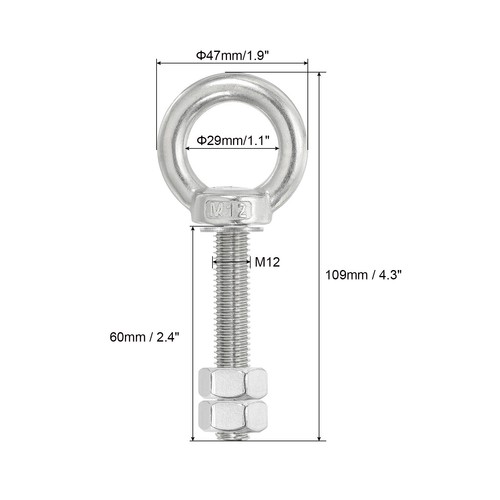 2 Set M12x60 Lifting Shoulder Eye Bolts, 304 Stainless Steel Thread ...