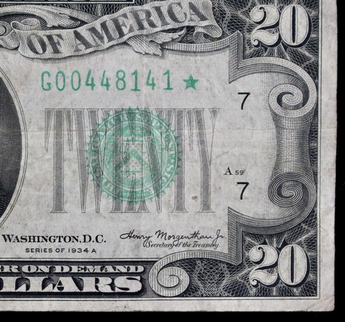 $20 1934A Star Mule Federal Reserve Note G00448141* series A, twenty ...
