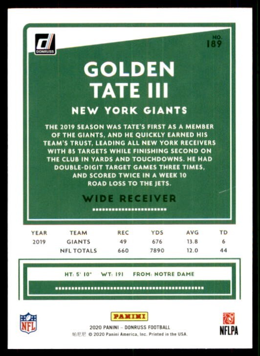 2020 DONRUSS FOOTBALL CARD NEW YORK GIANTS #189 GOLDEN TATE III | eBay