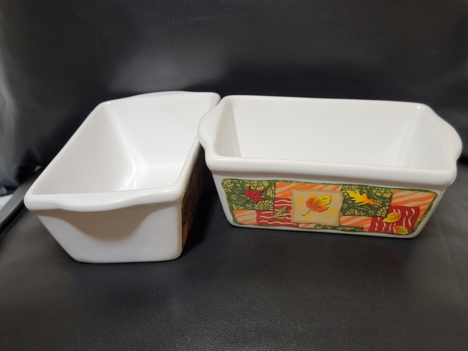 Vintage Set of 2 Quilt Fall Theme Ceramic Mini Bread Loaf Pan ...