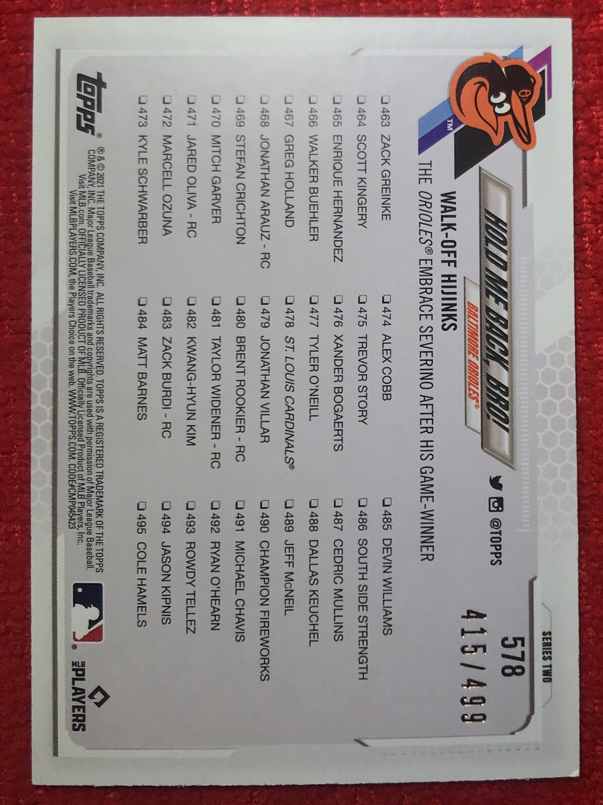 2021 Topps Hold Me, Back Bro #578 Green Orioles Walk Off Hijinks ...