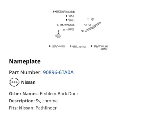 2022-2023 NISSAN PATHFINDER NAMEPLATE EMBLEM NEW OEM 90896-6TA0A | eBay