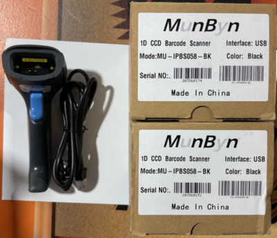 LOT of 2/NEW IN BOX/MUNBYN/1D CCD BARCODE SCANNER/USB/MOD#IPBS058-BK ...