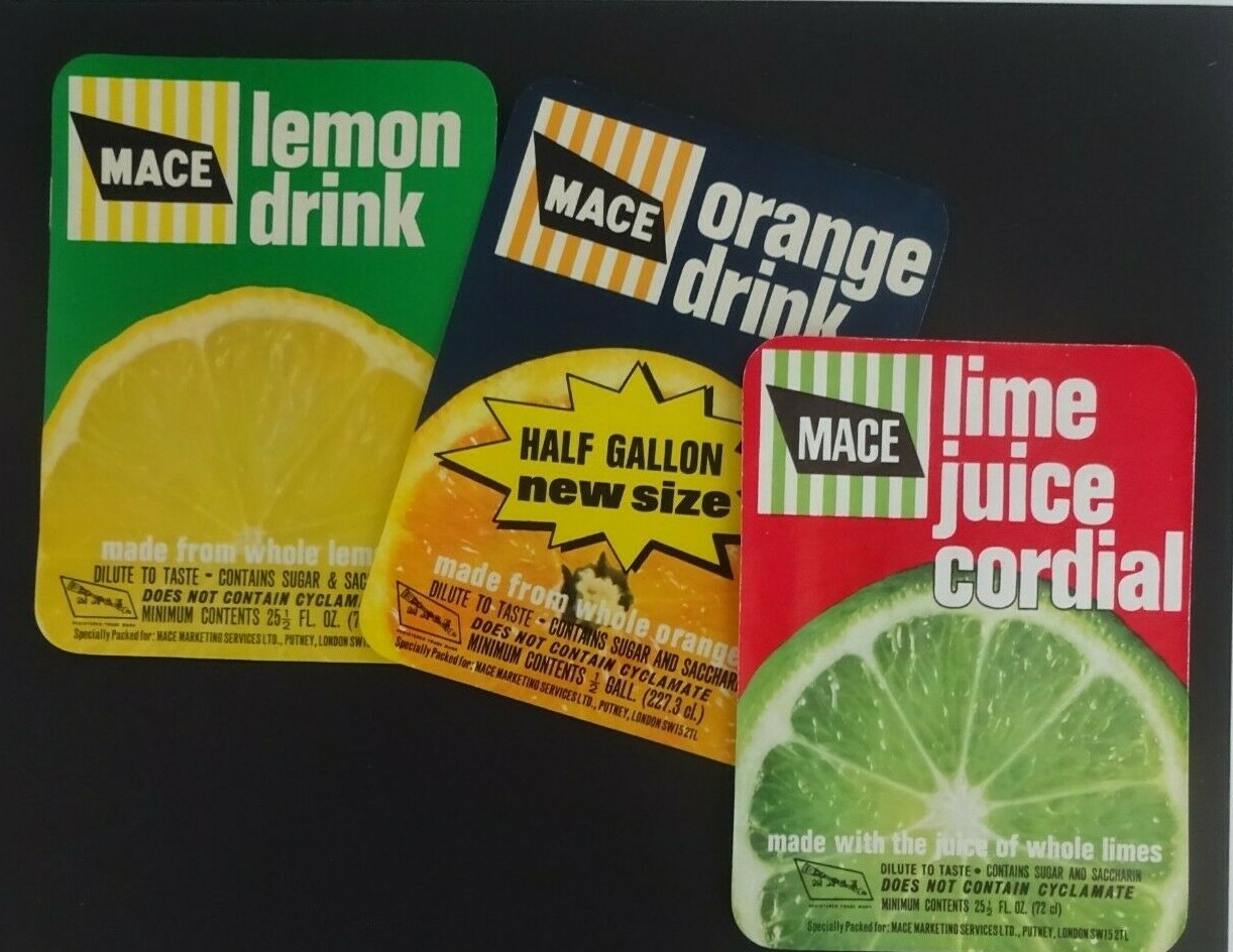 Mace Ltd, Putney,London, 3 Soft Drink Labels 1972/73, Lemon/Orange/Lime ...