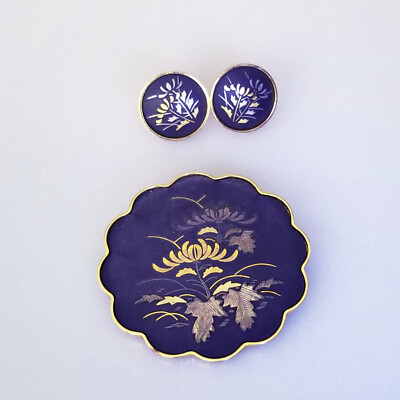 VINTAGE AMITA DAMASCENE PIN AND PIERCED EARRINGS | eBay