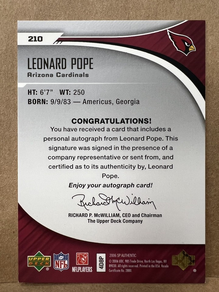 Leonard Pope 2006 SP Authentic Rookie Auto #210, /1175 Arizona ...