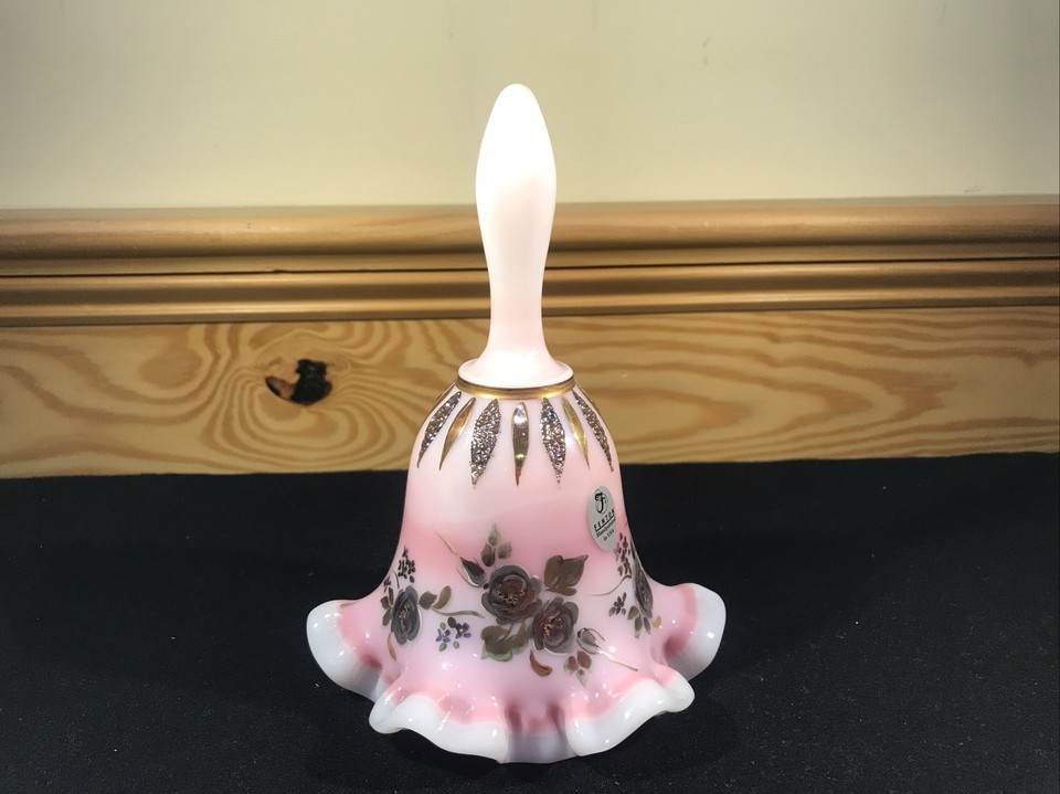 Fenton Barbie Pink Gold Roses Designer Bell #27 LE Hand Painted Artist ...
