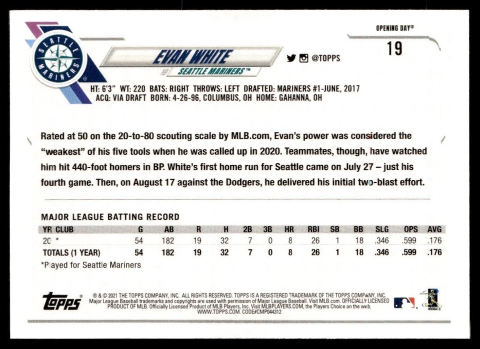 2021 Topps Opening Day Evan White Rookie Seattle Mariners #19 | eBay