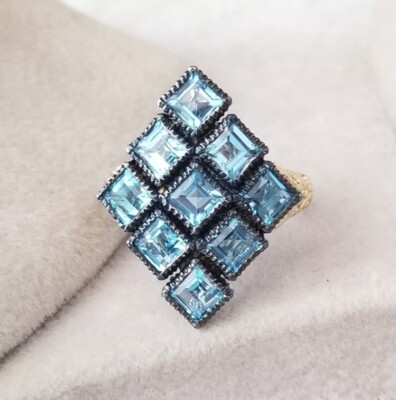 Designer TJC RJ 18k yellow gold & sterling silver Blue Topaz gemstone ...