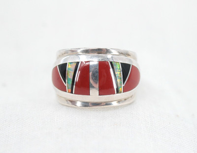 Vtg Sterling Silver Native American James Lee Ring W/ Coral Opal Inlay ...