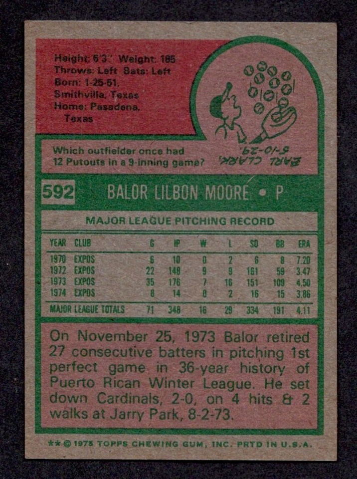 1975 Topps Baseball Card #592 Balor Moore Montreal Expos EX-MT+ *aa | eBay