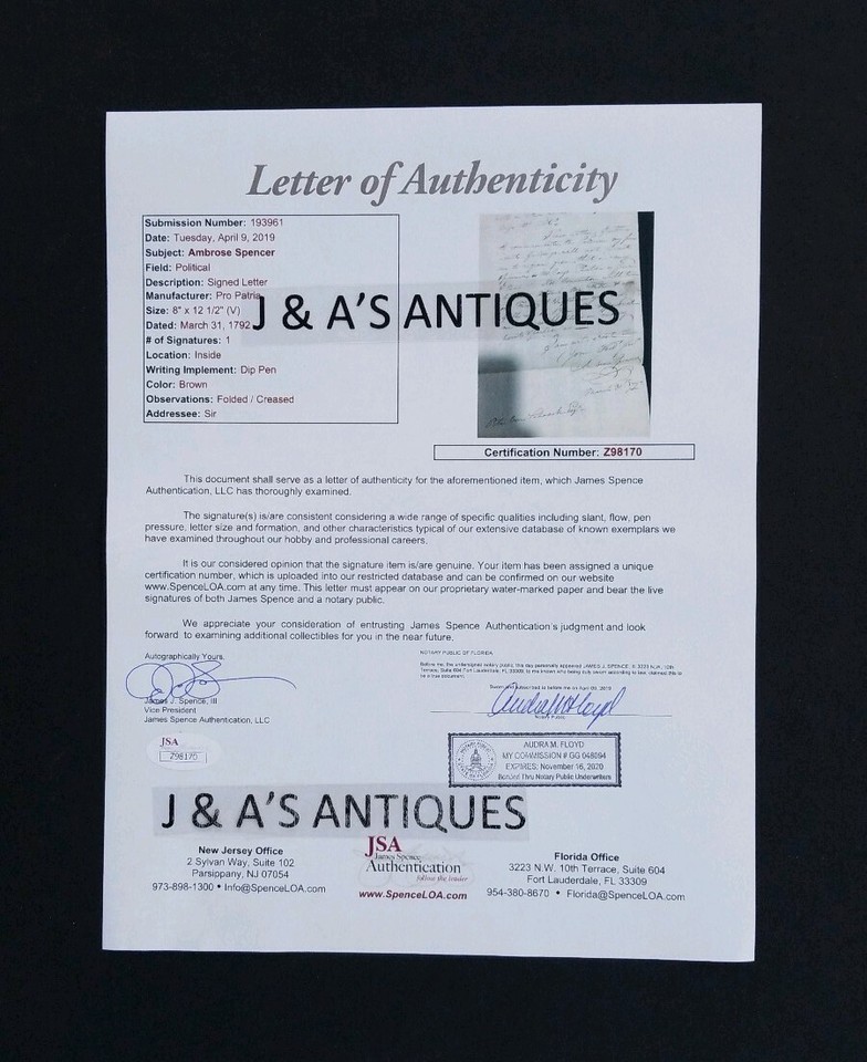 1792 Authenticated AMBROSE SPENCER Autographed Letter About FOUNDING ...