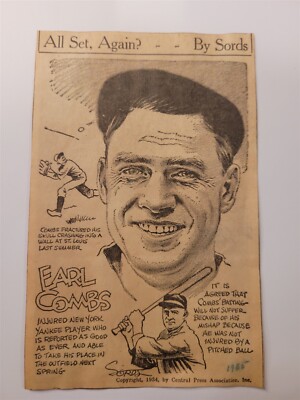 Earl Earle Combs Yankees 1934 Cartoon Sketch by Jack Sords | eBay