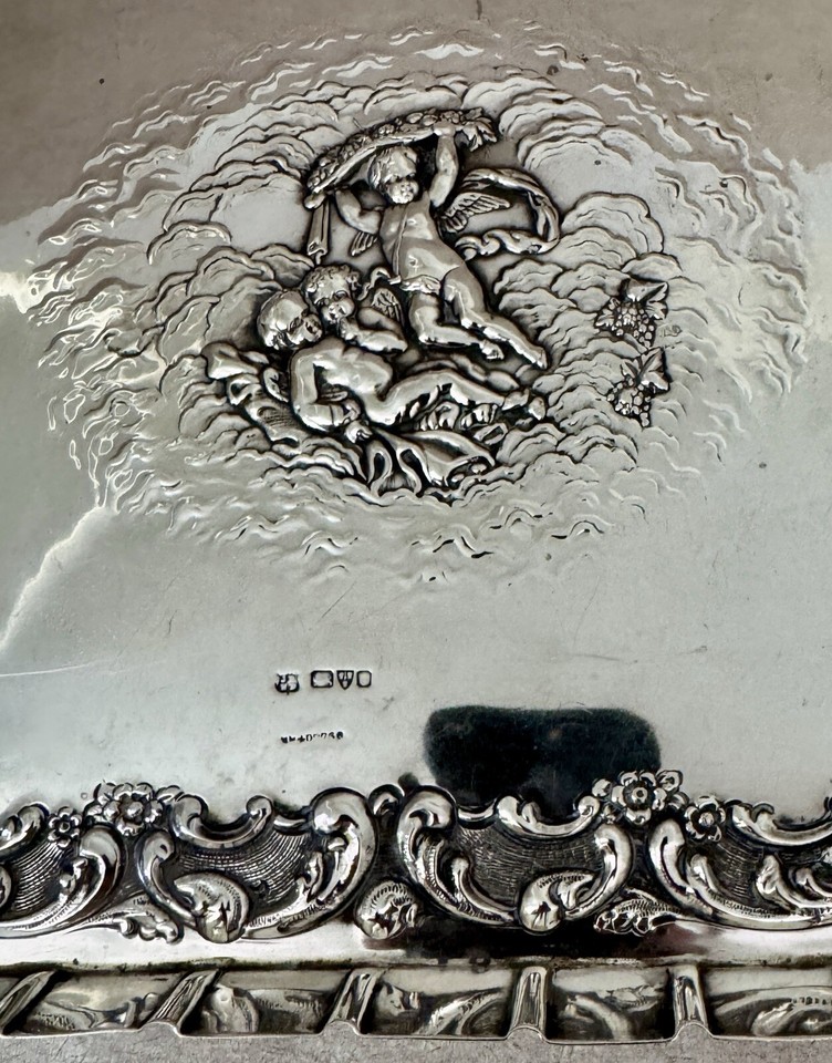 GORGEOUS ENGLISH STERLING DRESSER TRAY CHERUBS JOHN &WILLIAM DEAKIN ...