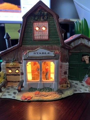 Autumn Grove Harvest Village Lighted Horse Stable Porcelain Fall Decor ...