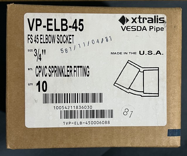XTRALIS VP-ELB-45 CPVC 45 DEGREE FITTING VESDA PIPE 10 COUNT BOX for ...