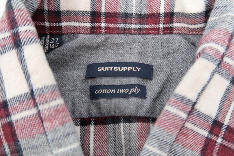 Suitsupply Men's 14.5 Canclini Cotton Flannel Gray Red Plaid Button ...