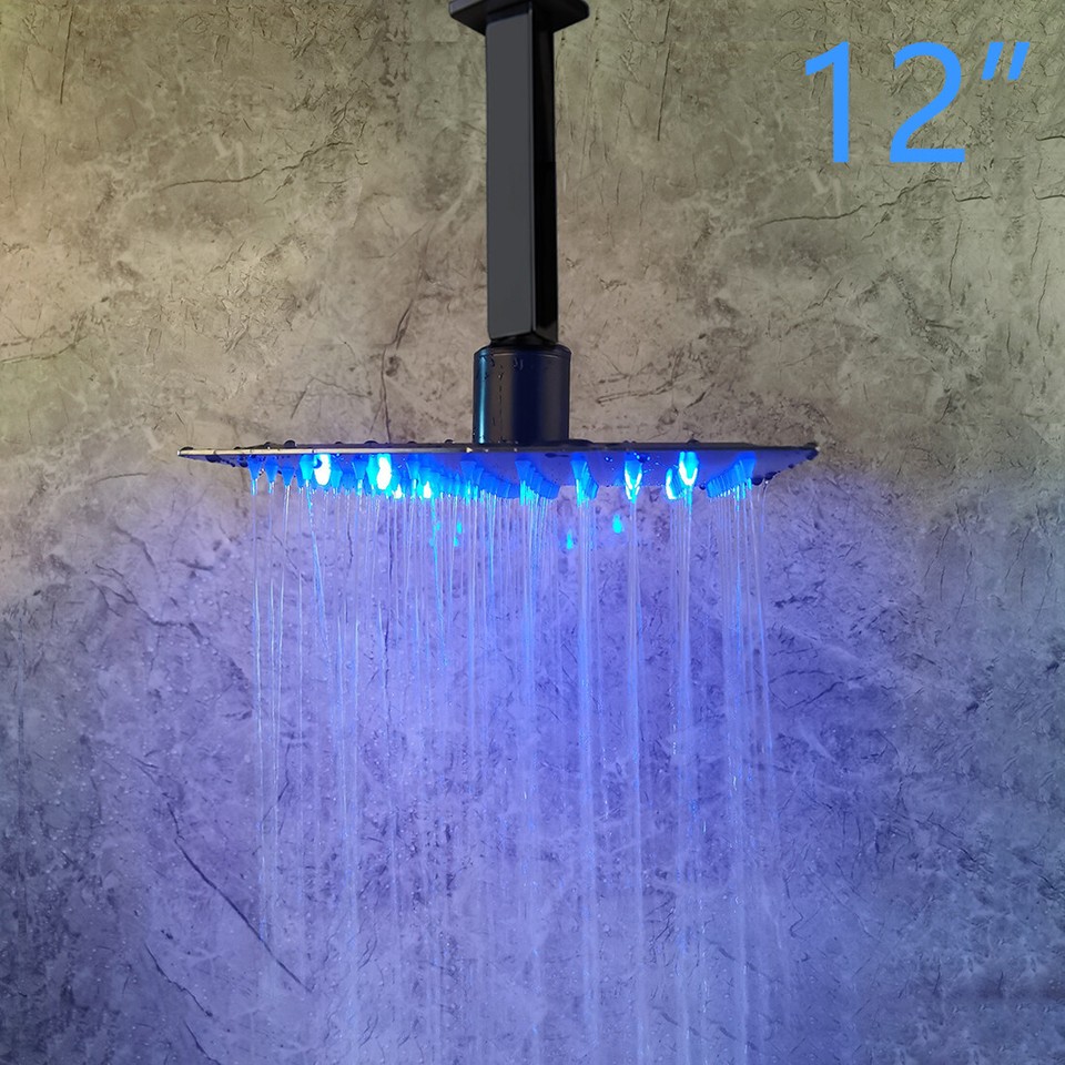 8/10/12"Black Bathroom Rainfall Shower Head Ceiling Mount Taps LED ...
