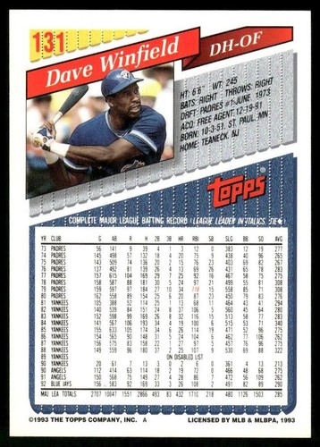 Dave Winfield 1993 Topps Toronto Blue Jays #131 Near Mint or Better | eBay
