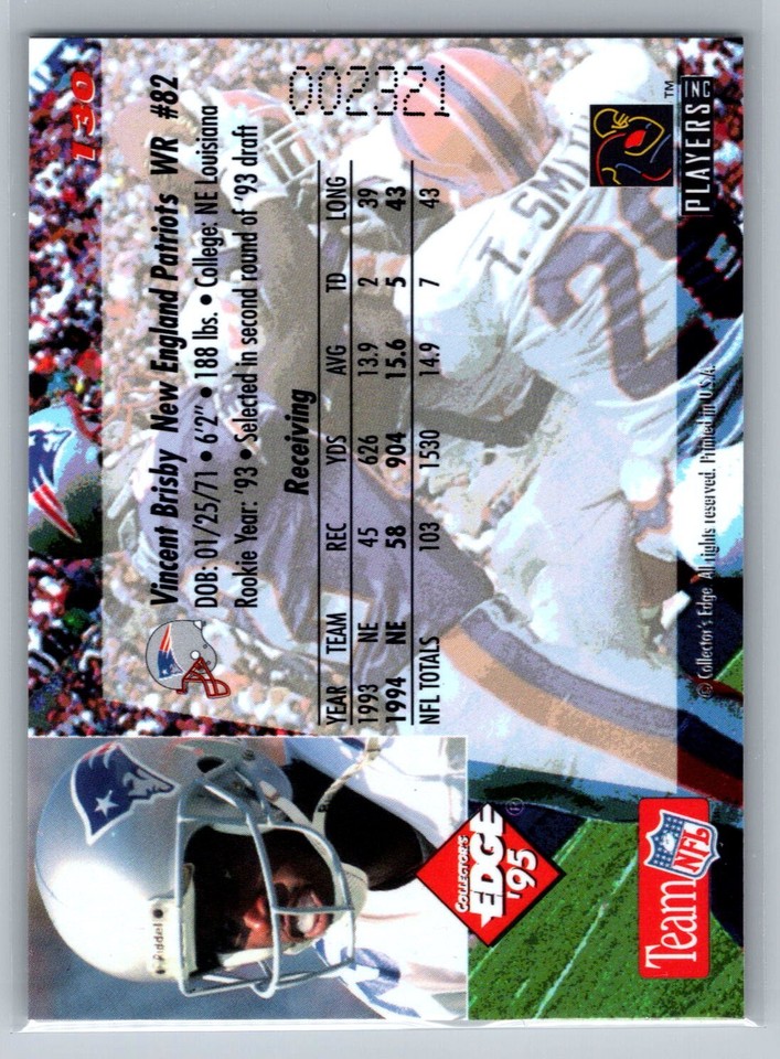 Vincent Brisby 1995 Collector's Edge FOOTBALL #130 New England Patriots ...