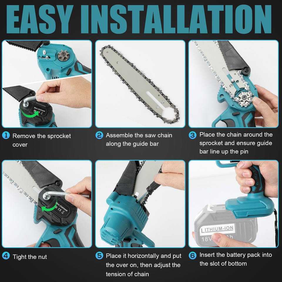 4+6" Electric Mini Chainsaw Cordless Handheld Chain Saw +2 Batteries ...