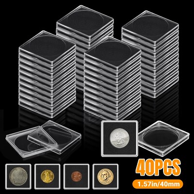 40Pcs 40mm Clear Square Coin Snap Holder Capsule Storage Case For ...