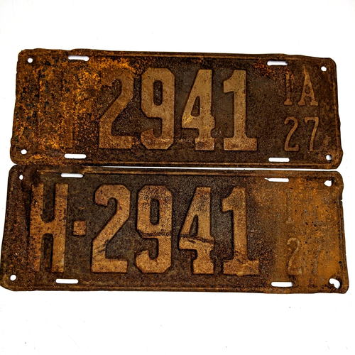x2 PAIR 1927 Iowa License Plates Matching Black Hawk County Rustic IA ...