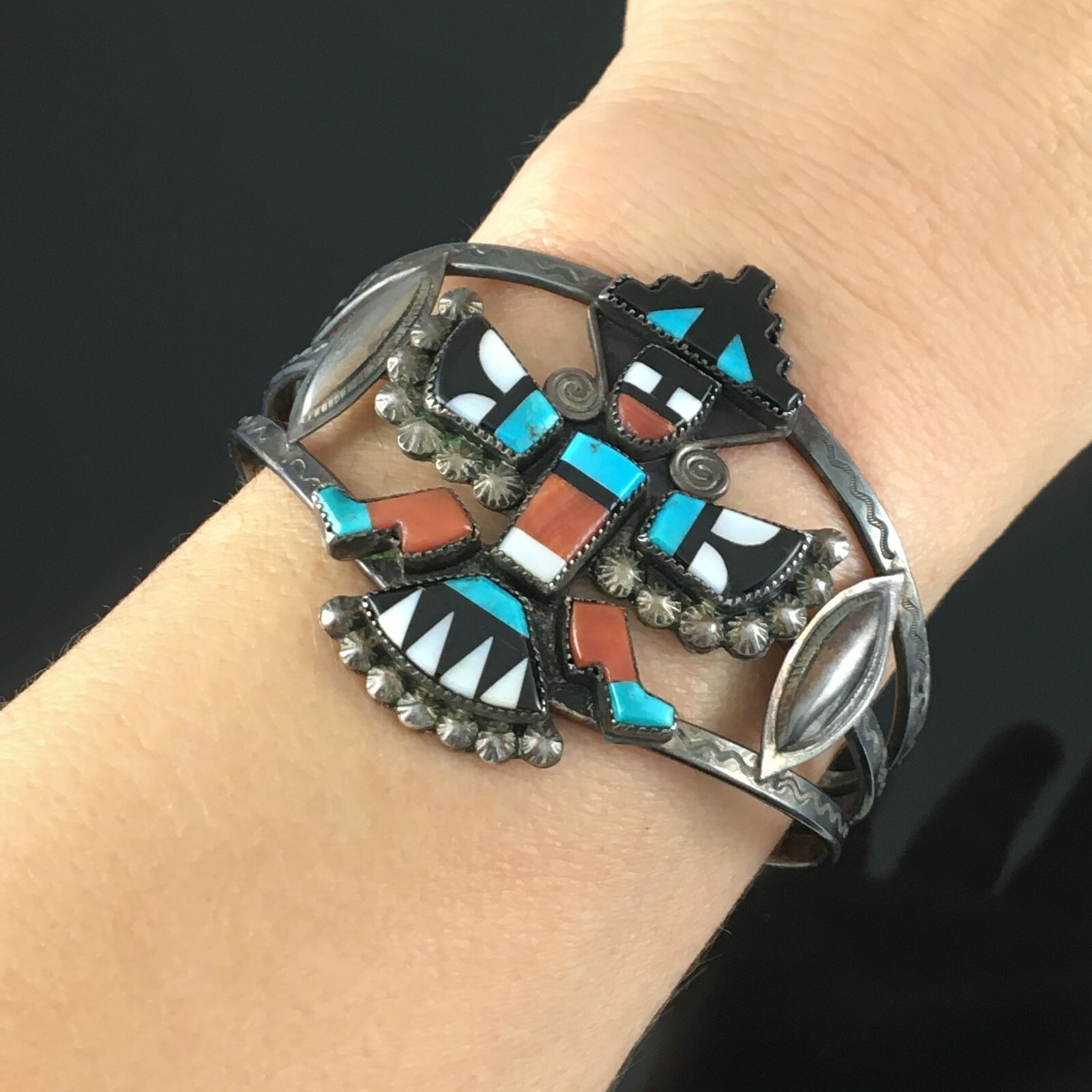 YELMO BETTY NATACHU NATIVE AMERICAN ZUNI STONE INLAY KNIFEWING BRACELET ...