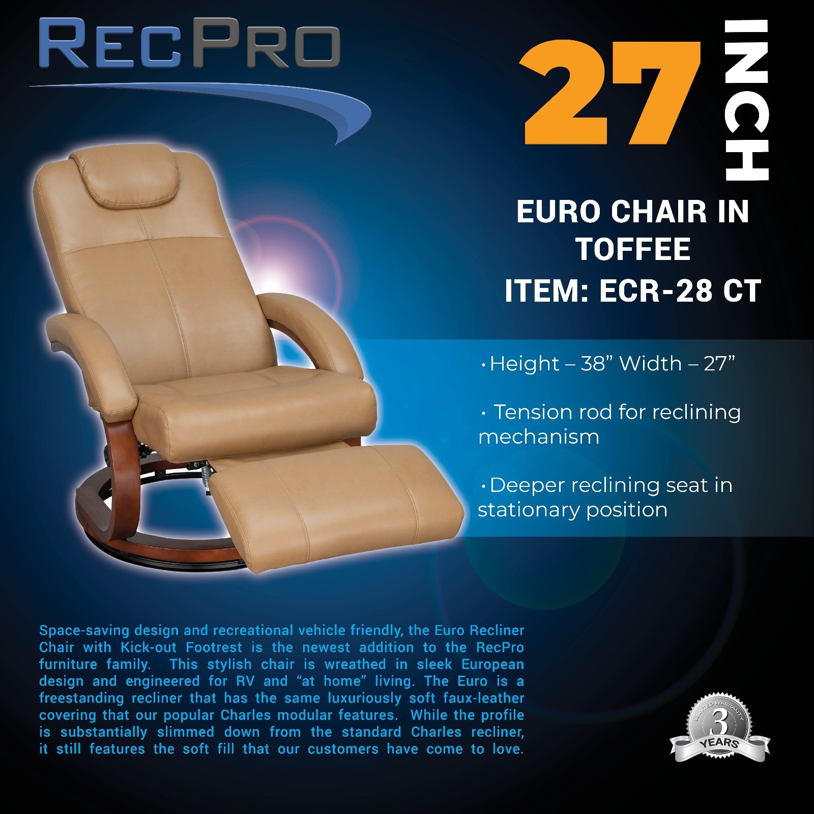RecPro Charles 28" RV Euro Chair Recliner Ergonomic RV Furniture Seat ...