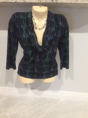 212 Collection Blouse Stretch Top Womens 3/4 Sleeve sz S Blue Green ...