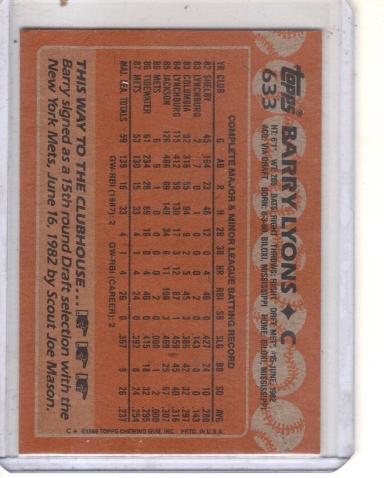 1988 Topps - #633 Barry Lyons New York Mets baseball card | eBay