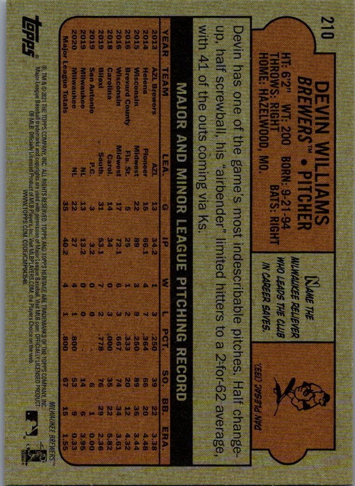 2021 Topps Heritage #210 Devin Williams Milwaukee Brewers | eBay