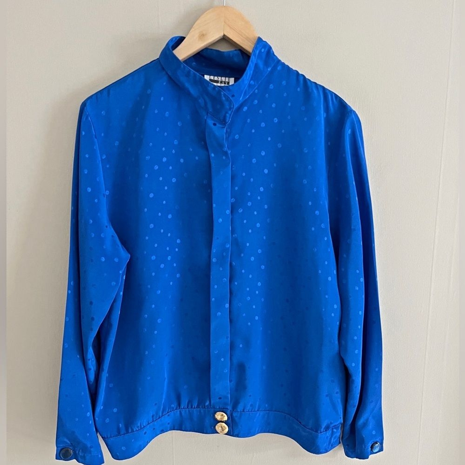 VINTAGE 1980s blue polka dot retro button front high … - Gem