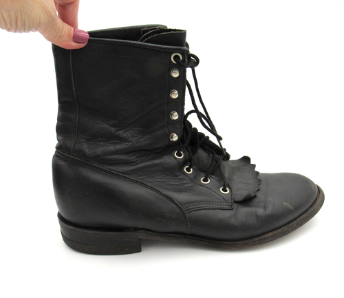 VTG Justin Black Leather Boots Kiltie Lace Up Roper Cowboy Combat Made ...