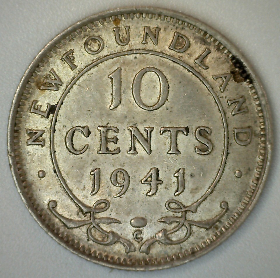1941 C Newfoundland SILVER 10 Cents Almost Uncirculated AU 10c Canadian ...