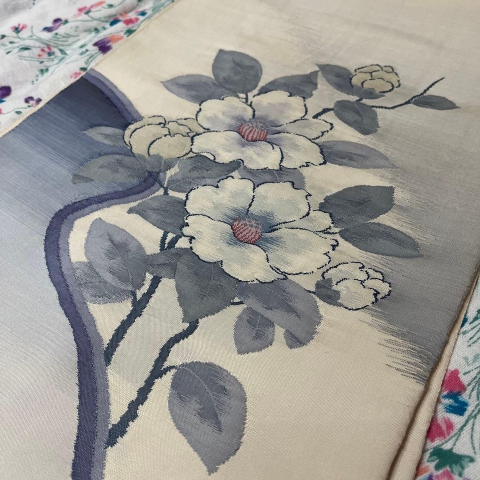 Japanese Kimono Camellia Sasanqua Blue Gradation Fukuro Obi Belt | eBay UK