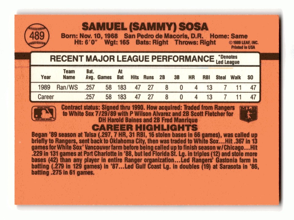 Sammy Sosa RC Rookie 1990 Donruss #489 Chicago White Sox NM-MINT | eBay