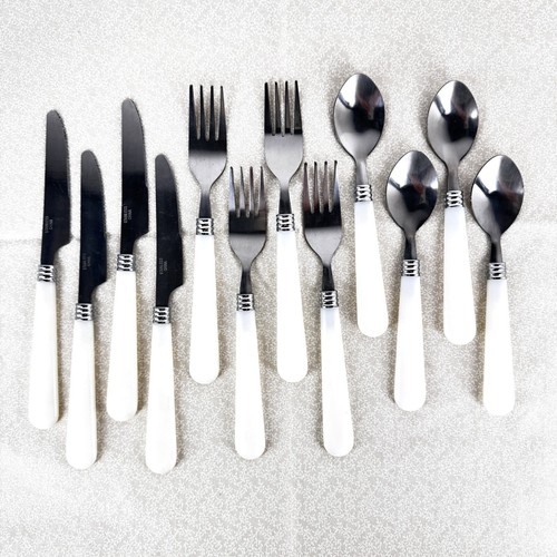 12 Pc Knife Fork Spoon Set - Stainless Steel & White Plastic Handles | eBay