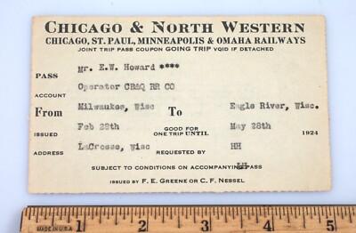 Vintage 1924 Railroad Trip Pass Chicago & North Western Milwaukee to ...