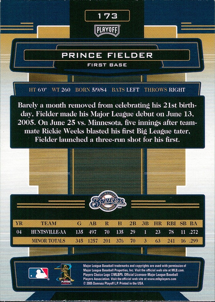 2005 Playoff Absolute Memorabilia #173 Prince Fielder RC Milwaukee ...