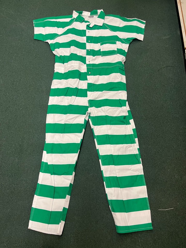 Jail Prison Inmate Jumpsuit ICS Waco Green & White Stripe Costume New 4XL-6XL | eBay