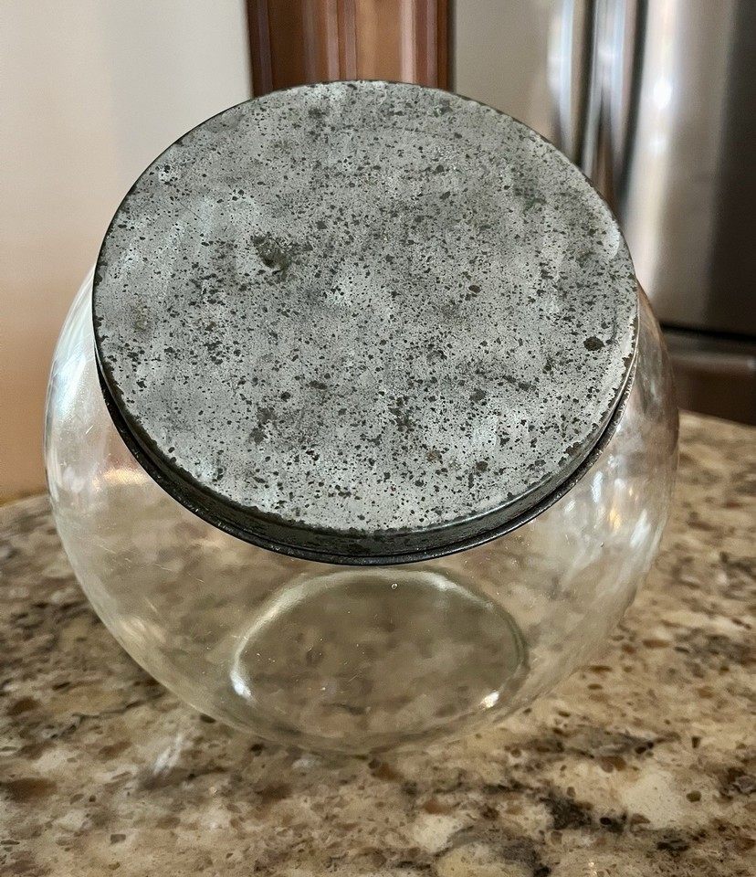 Vintage Round Glass Slanted Jar Candy Counter Country Store Aluminum ...